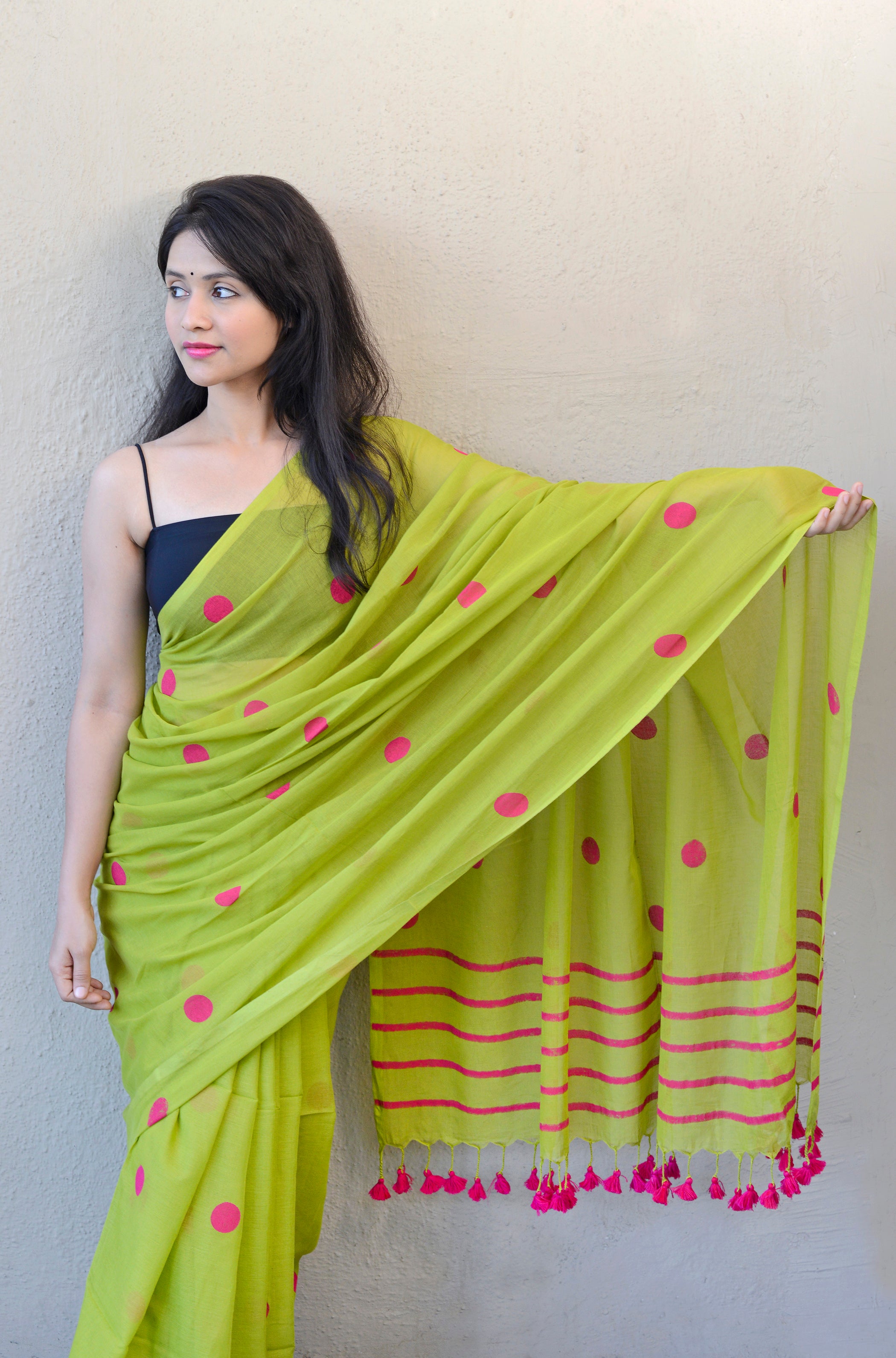 PARROT GREEN & RANI PINK (Polka Dots) - HAND BLOCK PRINTED COTTON SARE