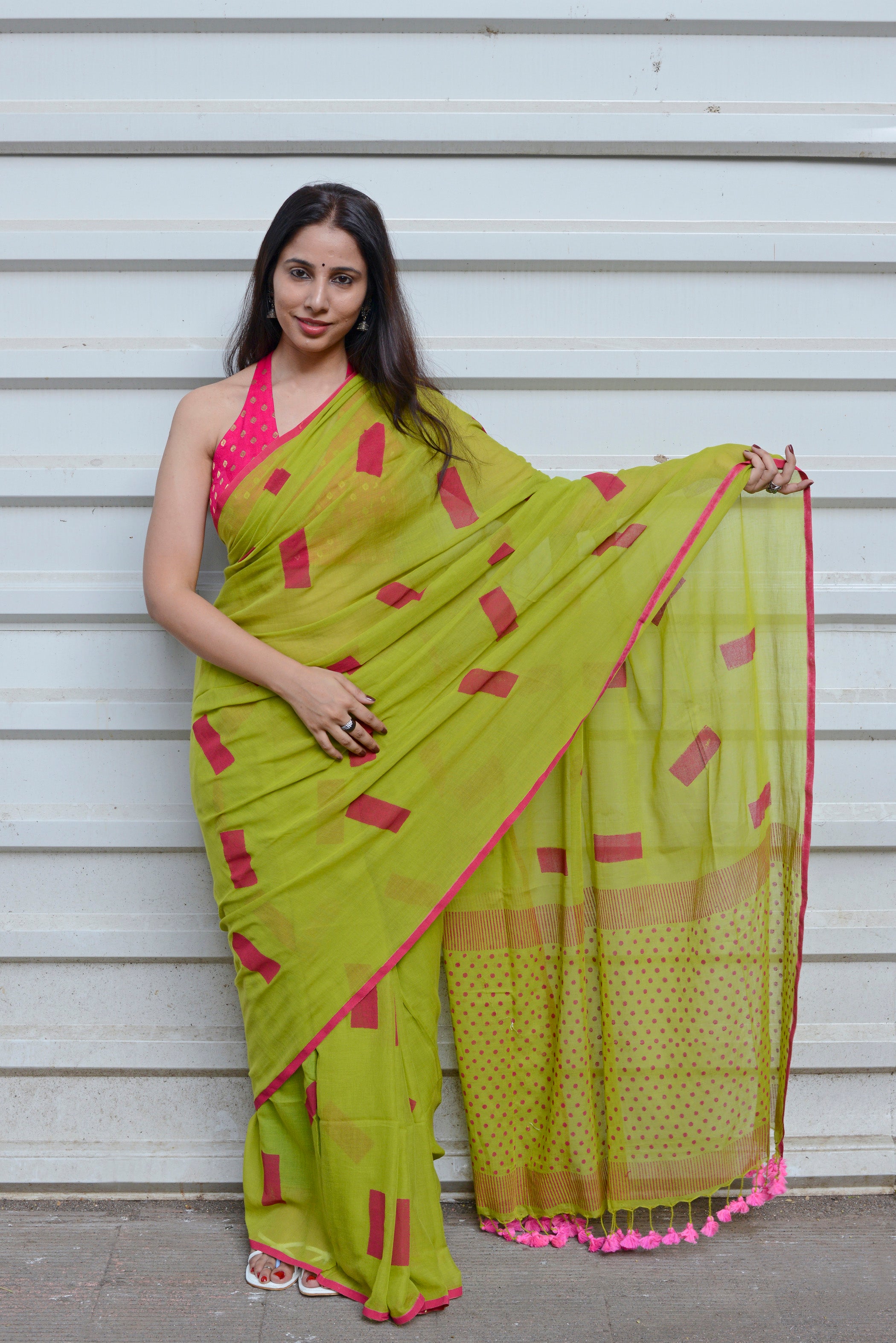 ABSTRACT - PARROT GREEN & RANI PINK - HAND BLOCK PRINTED COTTON SAREE