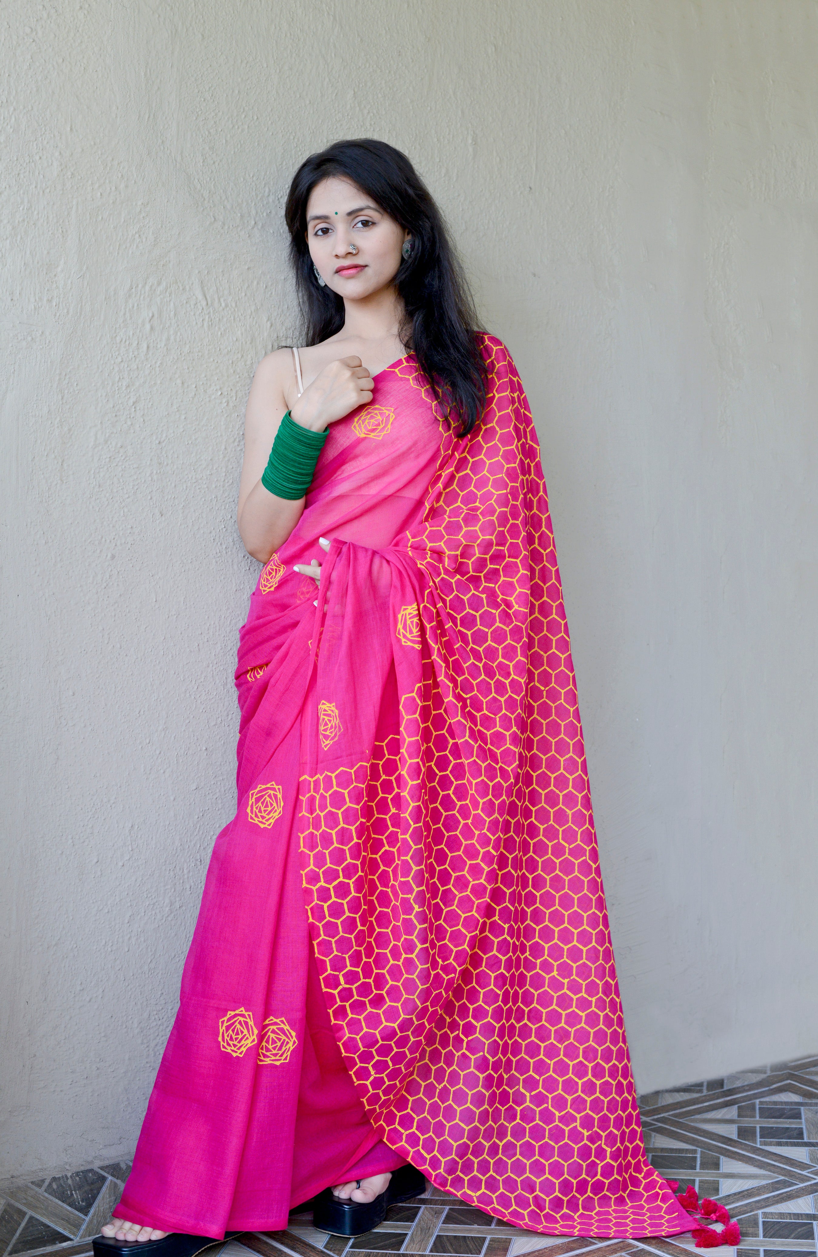 Rani Pink - Hand Block Printed Cotton Saree